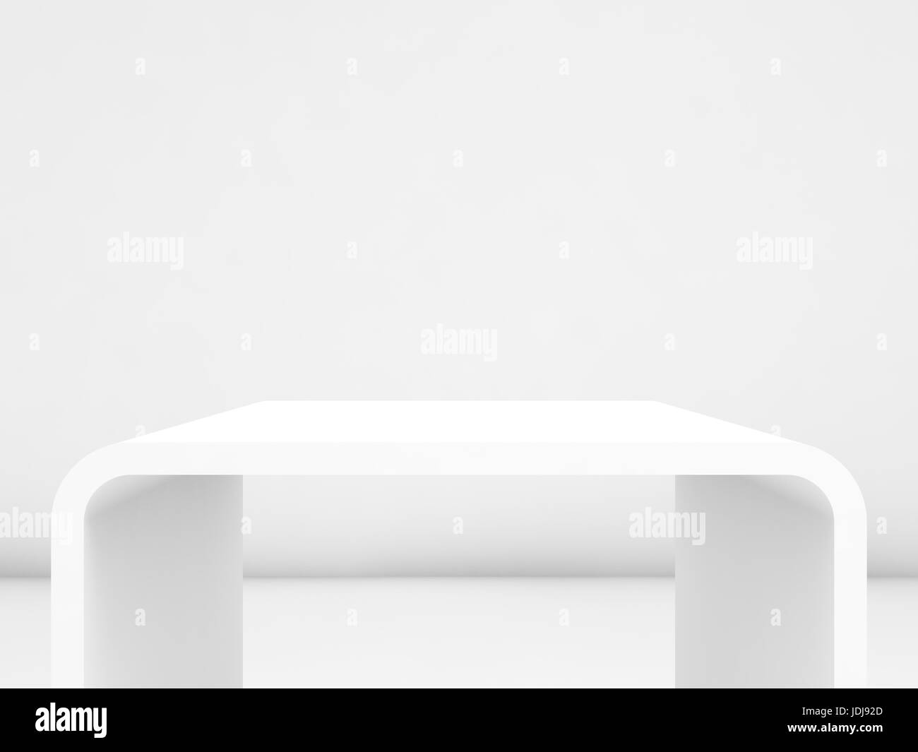 Empty white exhibition stand in blank interior, front view. 3d ...