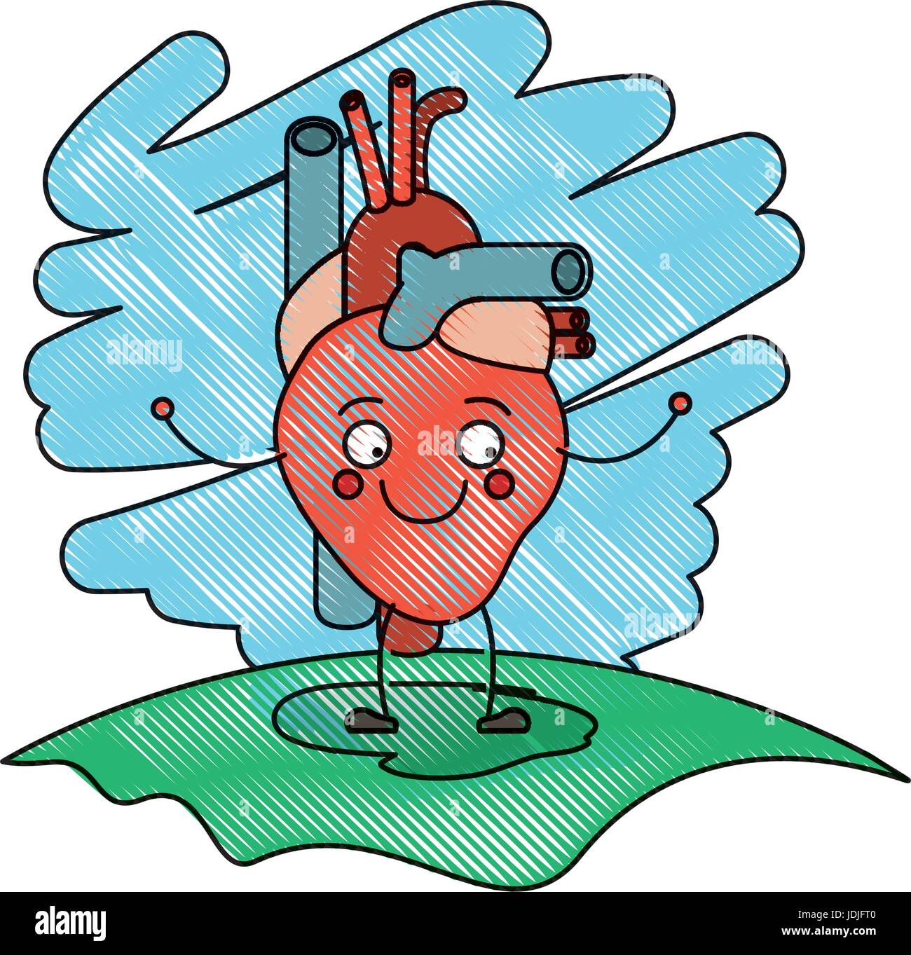 color crayon scene in grass with silhouette caricature circulatory ...