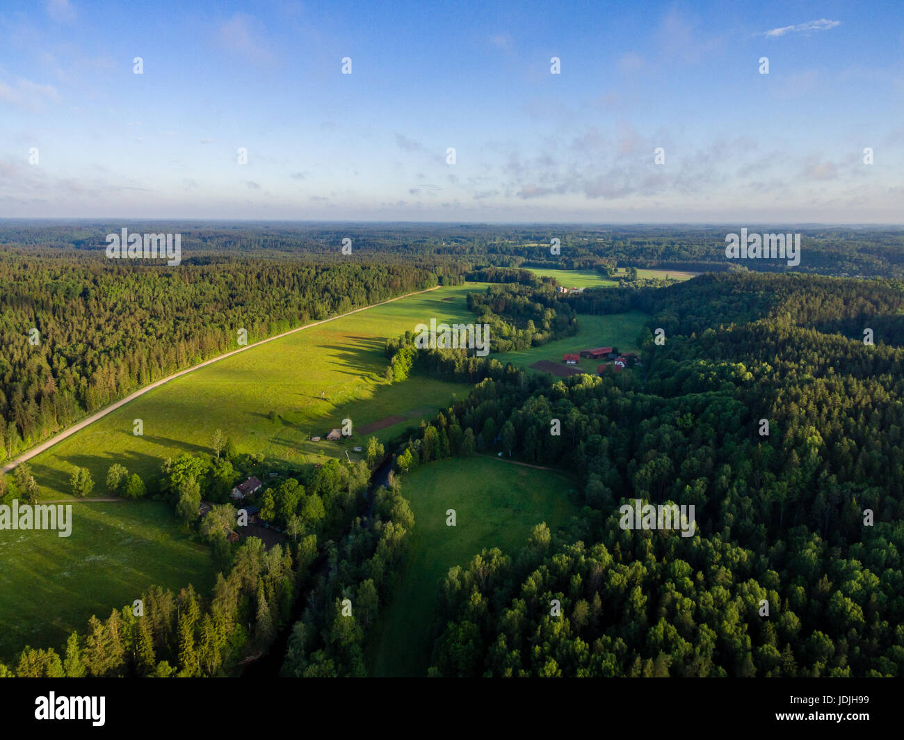drone image. aerial view of rural area with forest river in summer ...