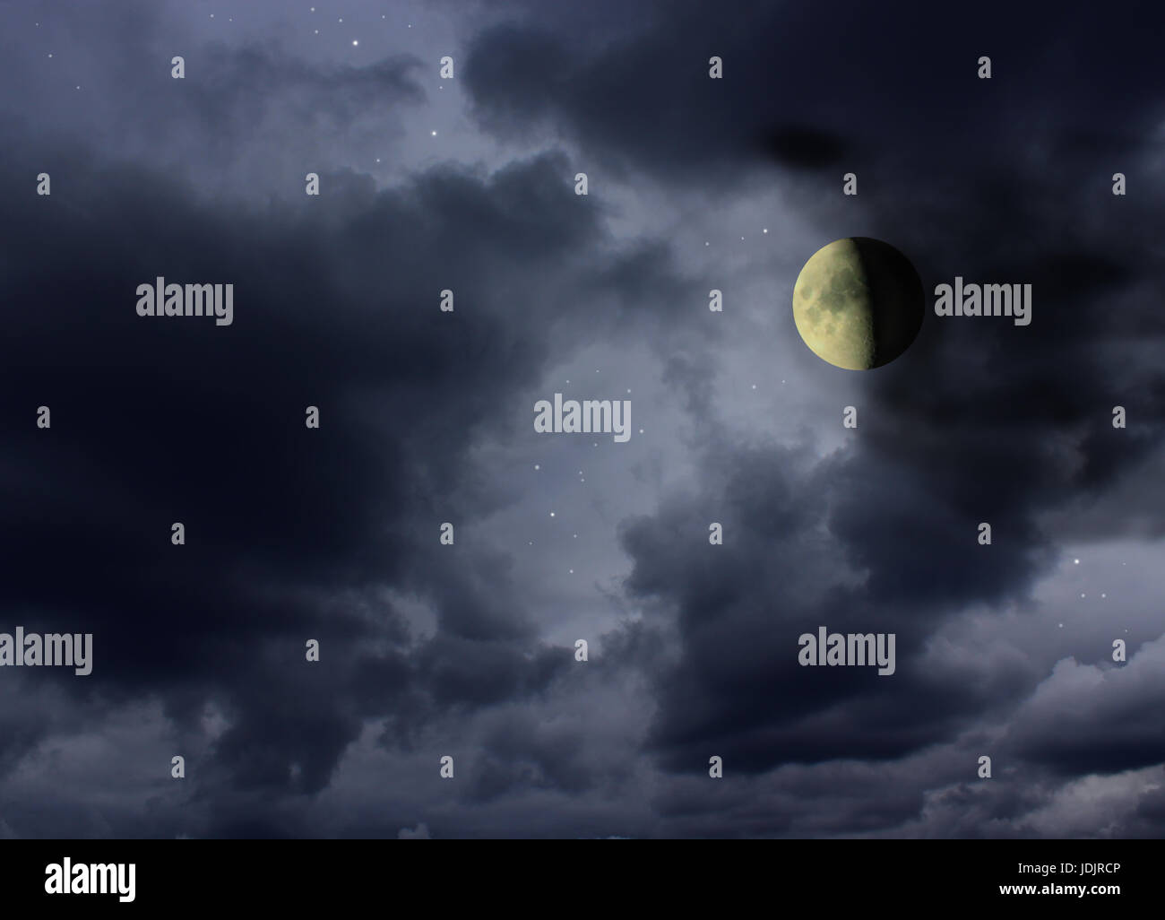 Moon glowing in the dark night sky with stars. Cosmic landscape. Moon ...