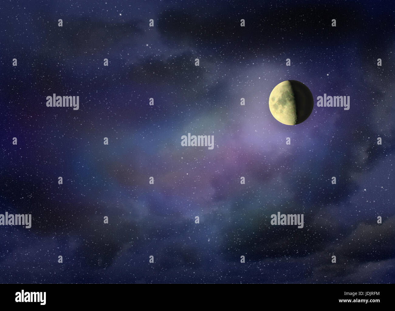 Moon glowing in the dark night sky with stars. Cosmic landscape. Moon ...