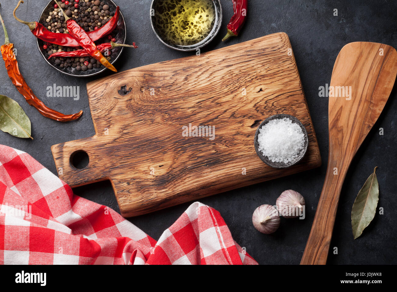 Cooking ingredients and utensils on stone table. Top view Stock Photo ...