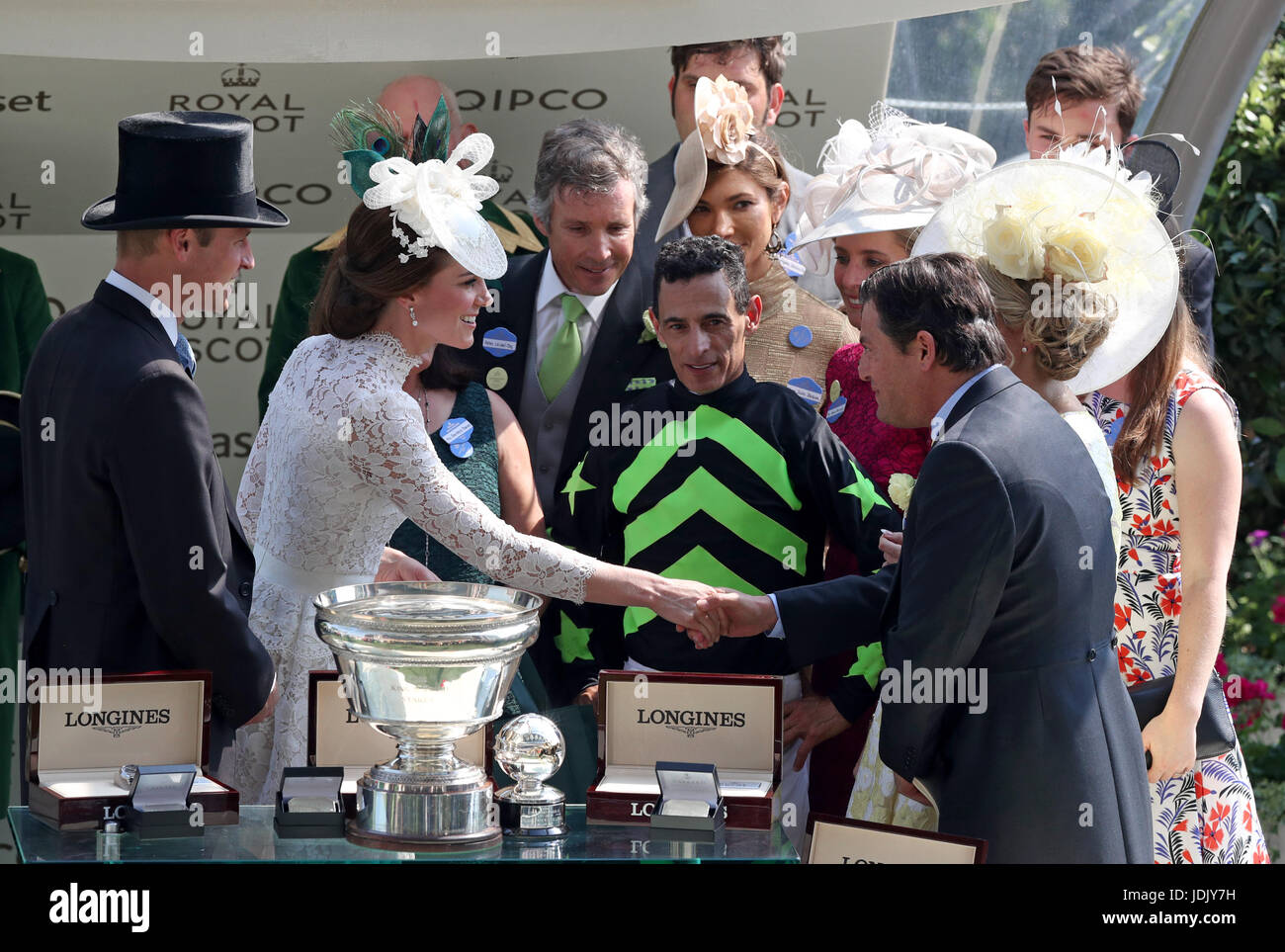The Duchess of Cambridge congratulates trainer Wesley Ward during day ...