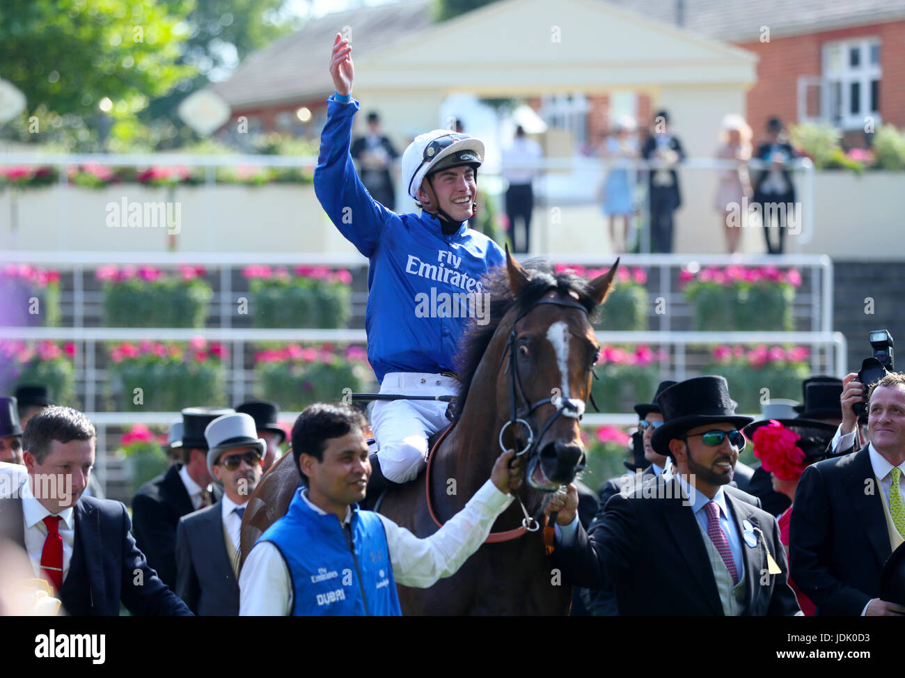 Jockey James Doyle celebrates winning the St James's Palace Stakes with ...