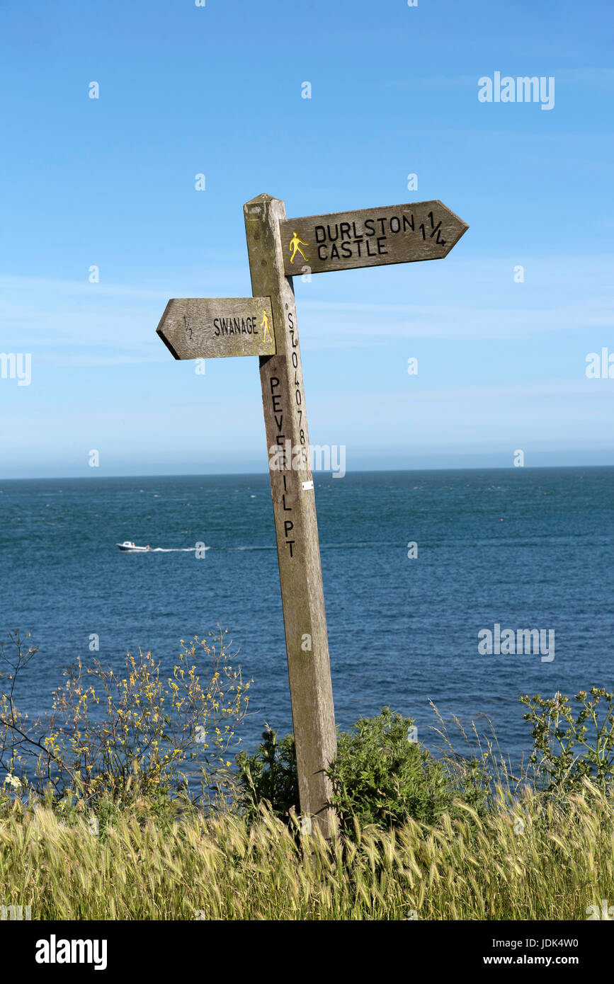 Signpost on the clifftop at Peveril Point near Swanage Dorset England ...