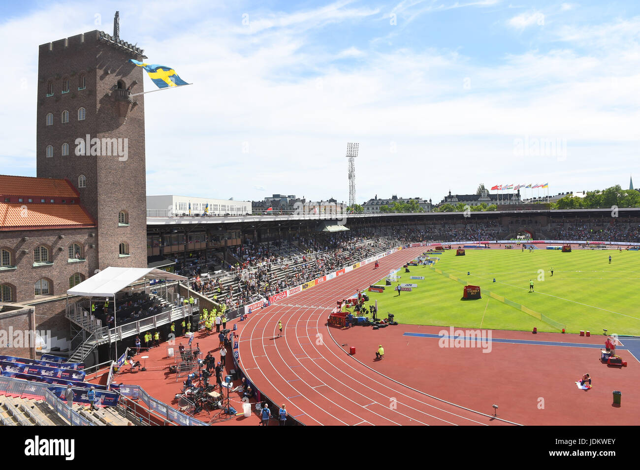 General overall view of Swedish flag at Stockholm Stadium aka Stockholm ...