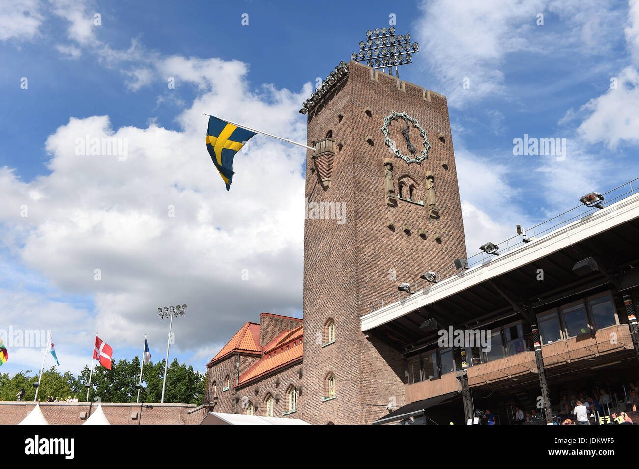 General overall view of Swedish flag at Stockholm Stadium aka Stockholm ...