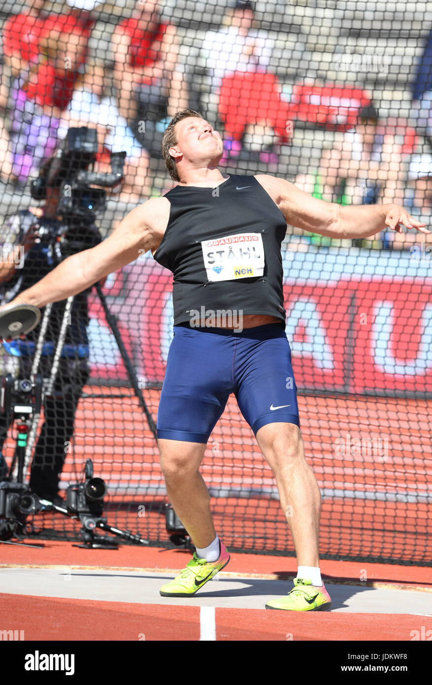 Daniel Stahl (SWE) places second in the discus with a throw of 223-6 ...