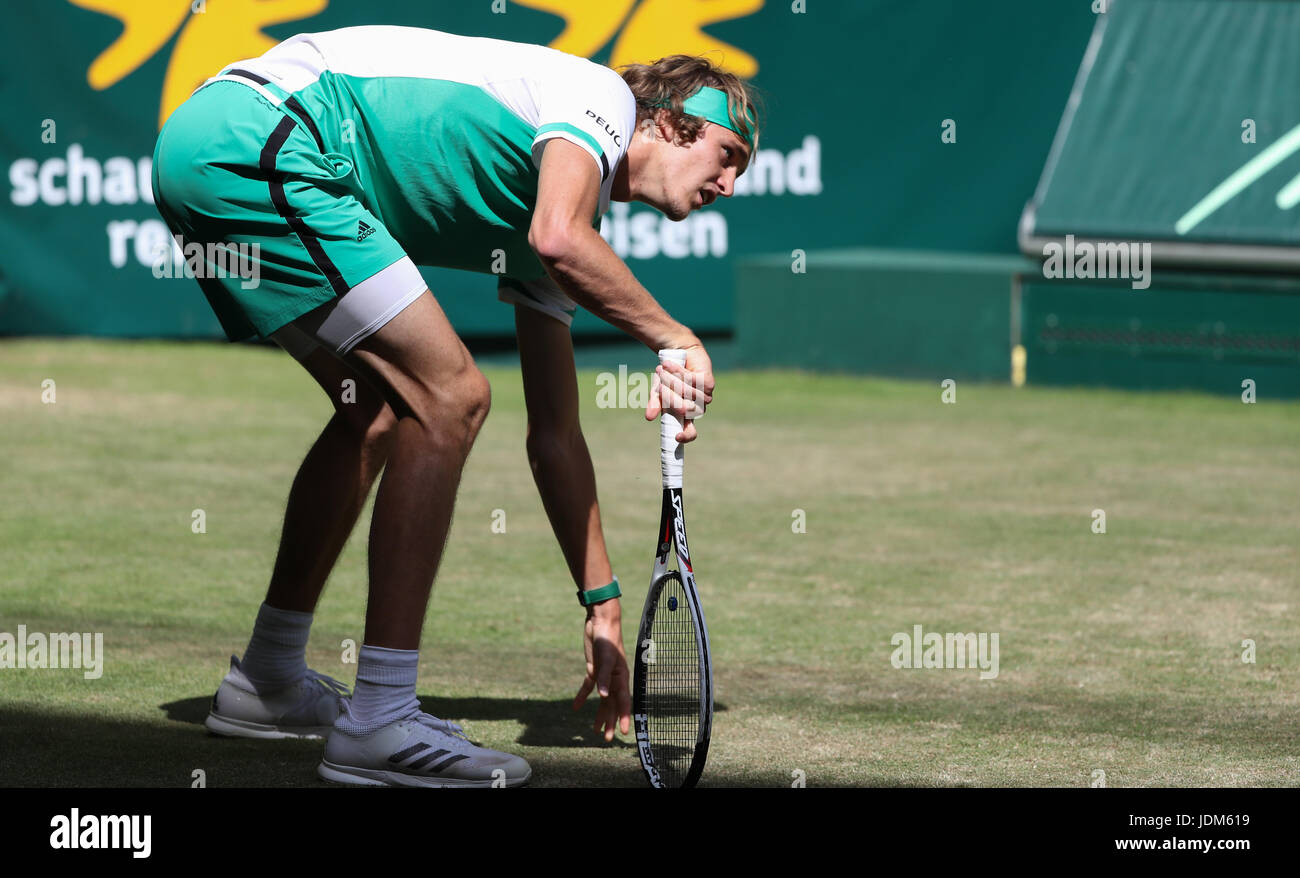 Halle, Germany. 21st June, 2017. Alexander Zverev from Germany bends ...