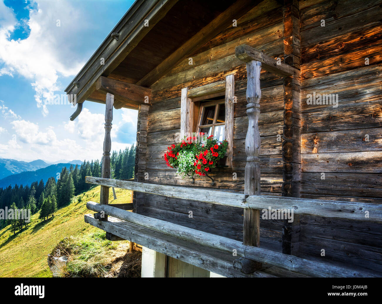 Wooden cottage in the Alps mountains, Scheffau am Wilden Kaiser, Tirol ...