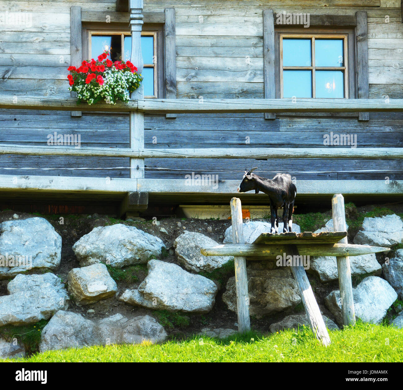 Wooden cottage in the Alps mountains, Scheffau am Wilden Kaiser, Tirol ...