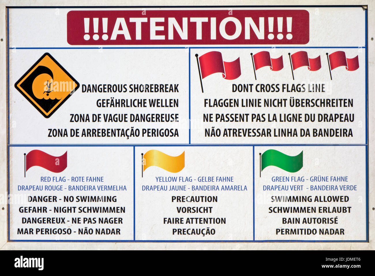 Multi-language swimming warning sign, Boa Vista, Cape Verde Stock Photo ...