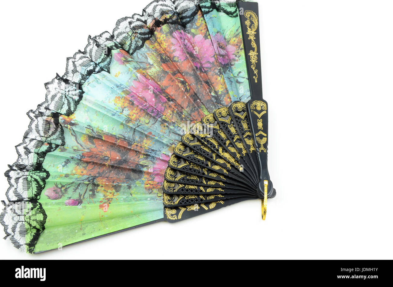 Colour chinese handheld fan, opened and isolated on white background ...