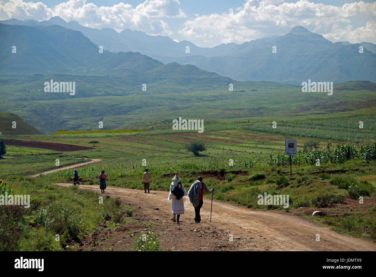 Panoramic view countryside with people walking down road Malealea ...
