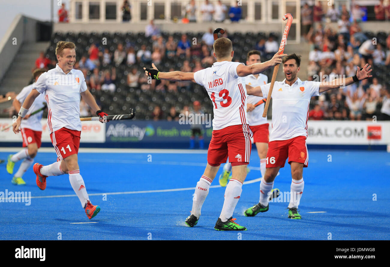 England's Sam Ward (left) celebrates scoring his side's third goal of ...