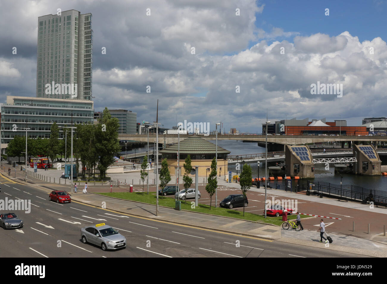 Inner Belfast, Donegall Quay, River Lagan, with the Lagan lookout and ...
