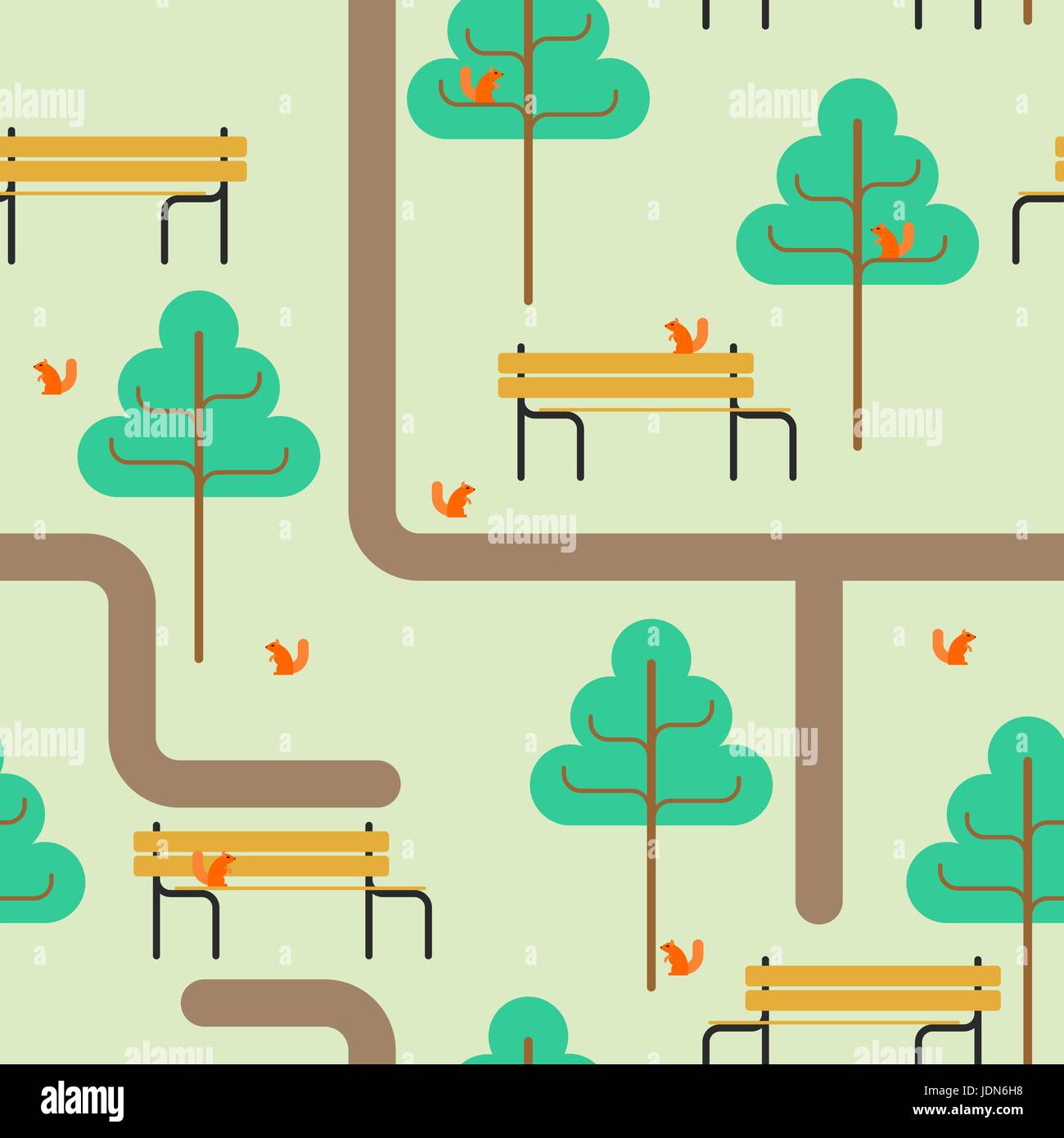 Park map pattern. Path and tree ornament. Bench and squirrel. Square ...