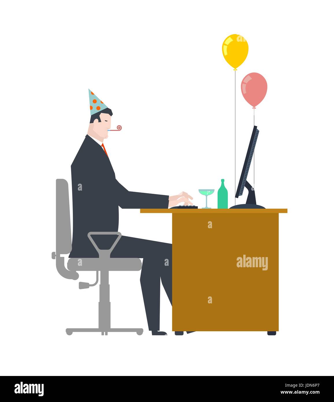 Businessman at party. Celebratory cap and Party horn. ballon and ...