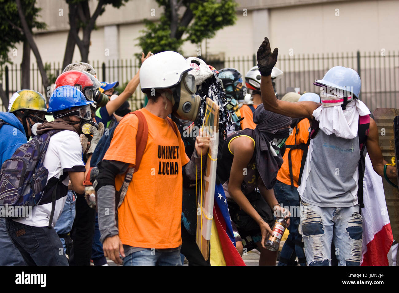 A group of demonstrators getting ready to confront the Bolivarian ...
