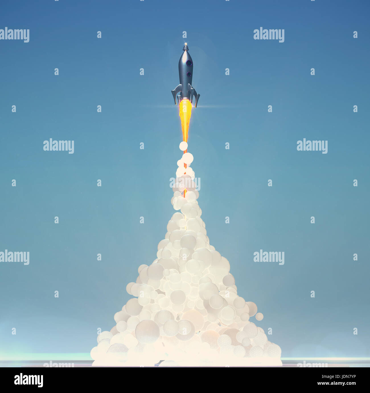 cute vintage rocket launch with soft fluffy smoke on light blue ...