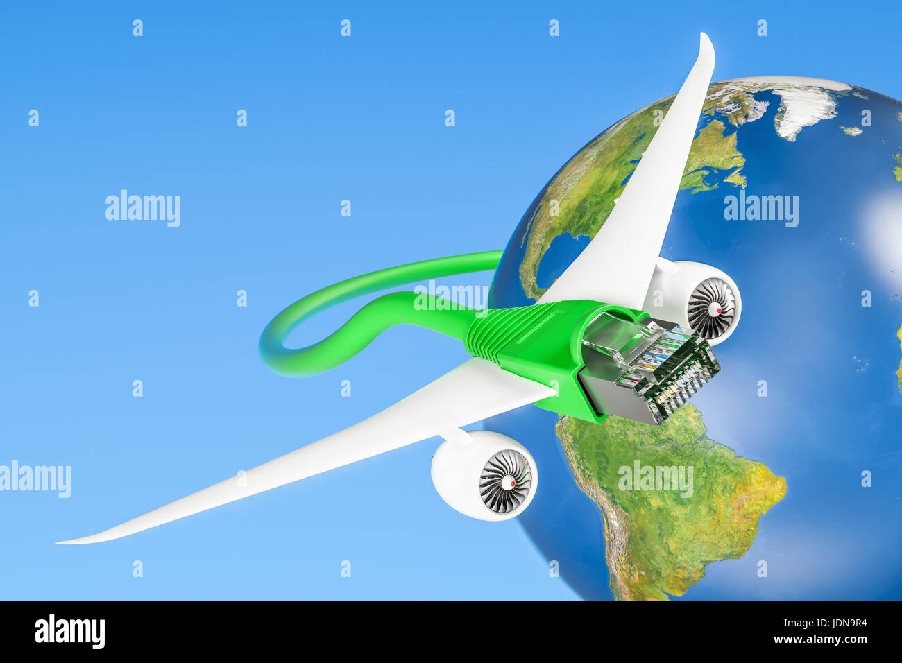 Lan cable with airplane wings, fast internet connection concept. 3D ...