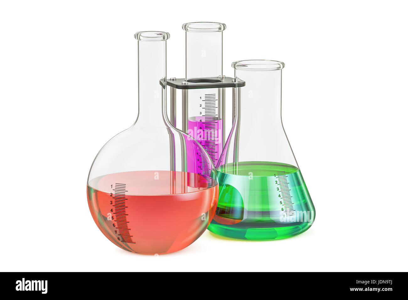 Set of chemical flasks with colored liquid, 3D rendering isolated on ...