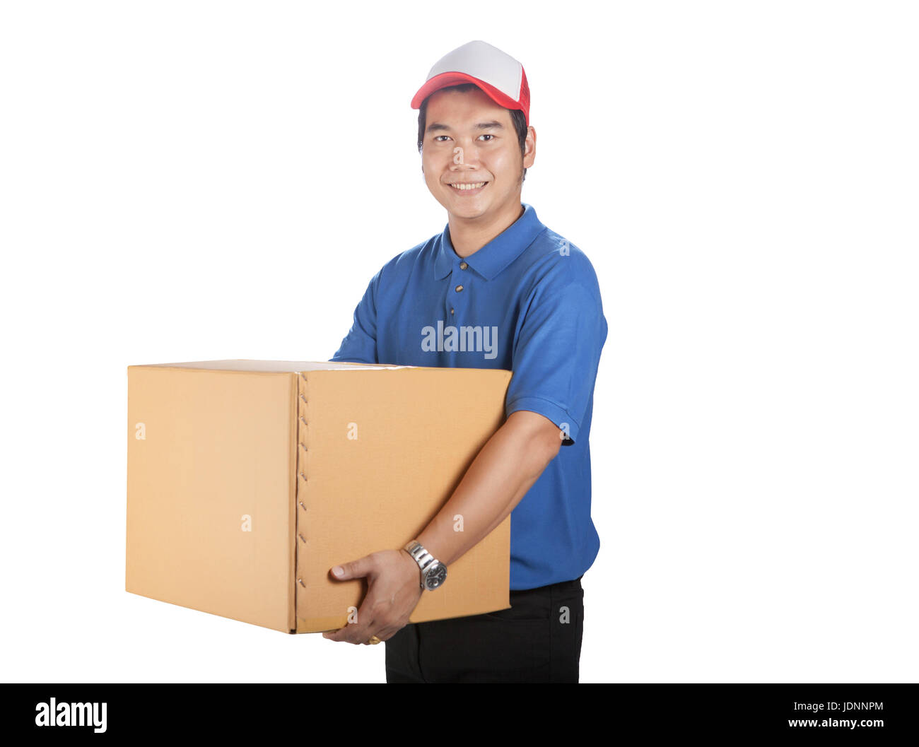 portrait of asian delivery man holding carton box toothy smiling face ...