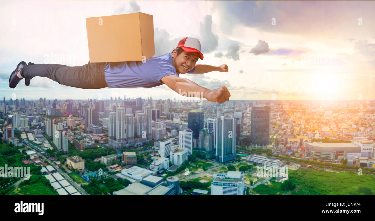 flying delivery man carrying carton box on back isolated white ...