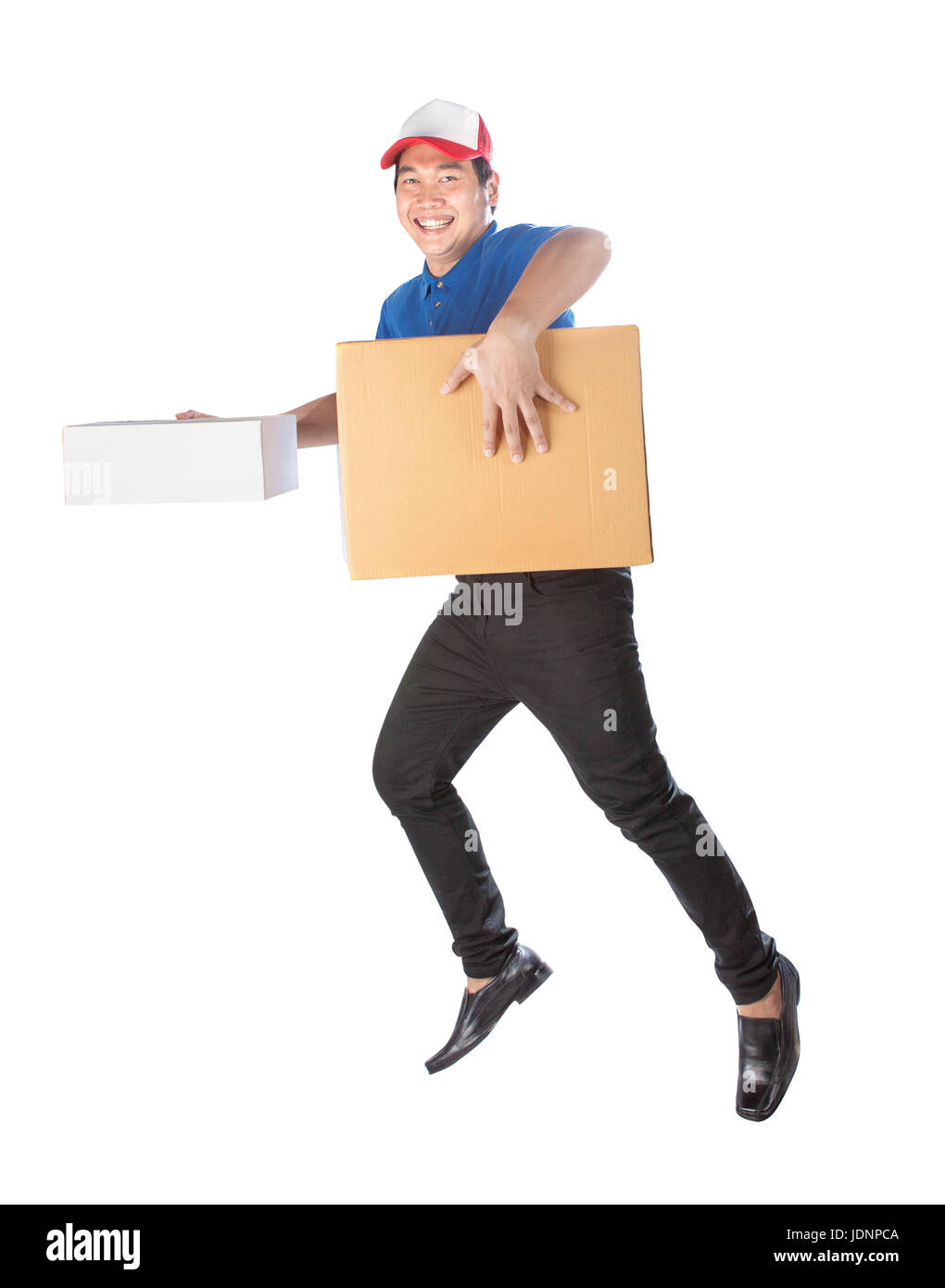 delivery man holding carton box toothy smiling face with service mind ...