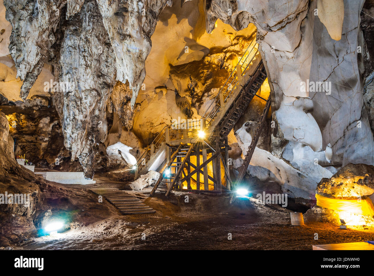 Inside Beautiful Cave with Stairway and Lighting Stock Photo - Alamy