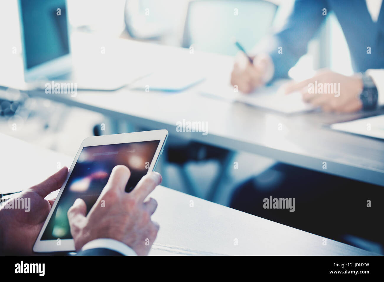 Businessman businesswoman laptop tablet modern office hi-res stock ...