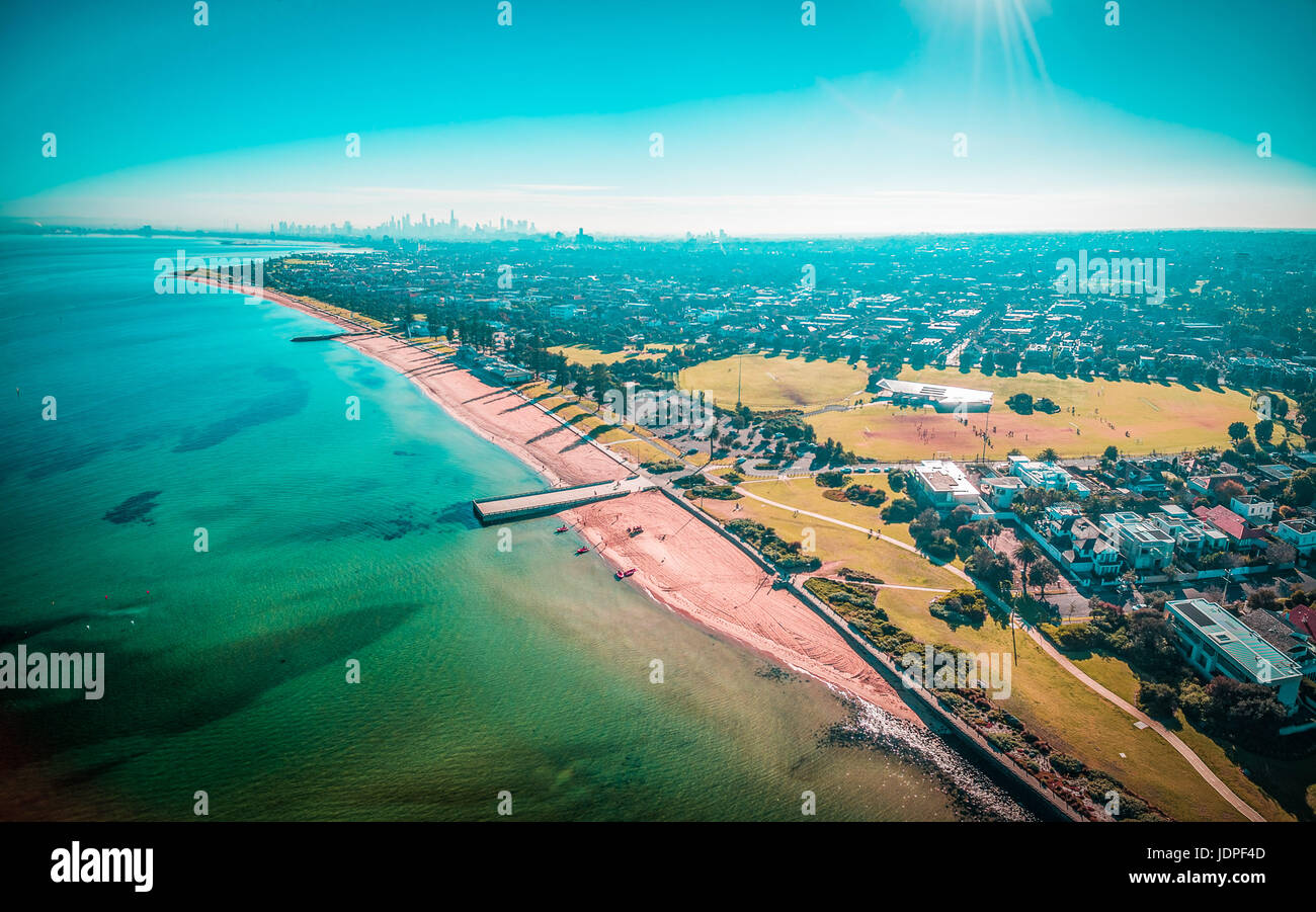 Aerial panorama of Melbourne coastline on bright sunny day Stock Photo ...