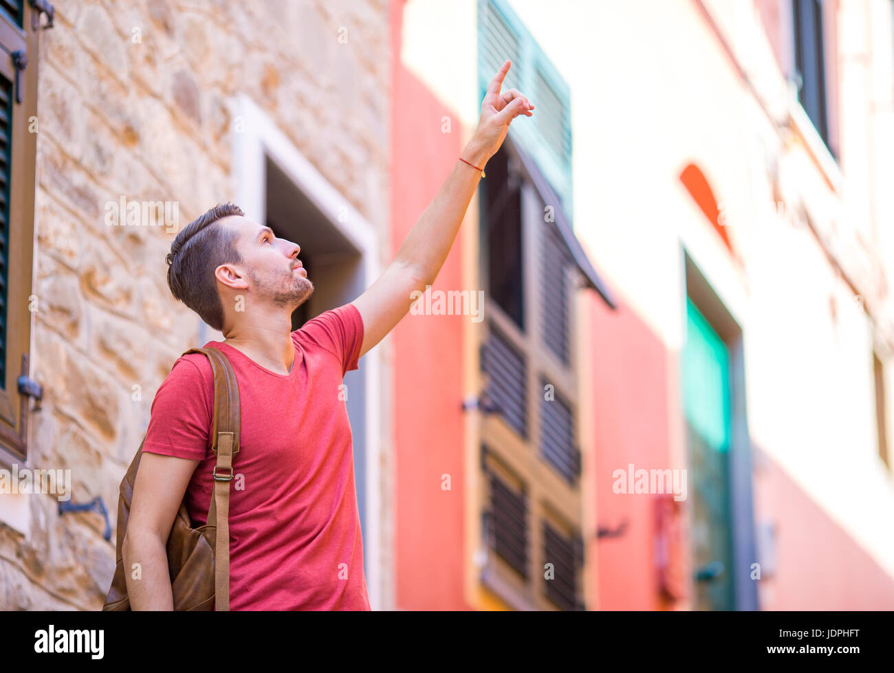 Smiling happy man having fun during holidays in Cinque Terre Stock ...