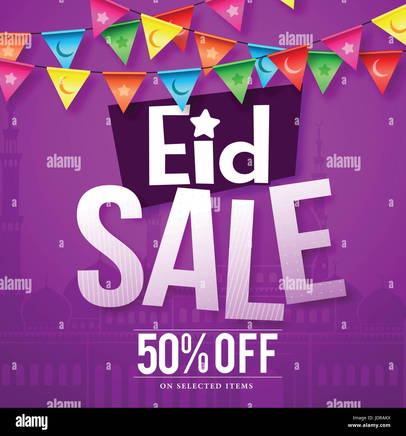 Eid sale vector design in purple background with mosque and hanging ...