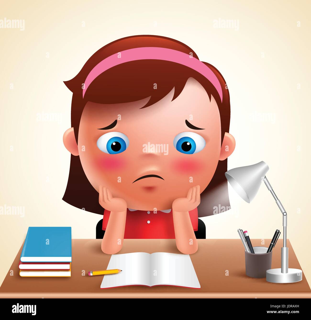 Preschool girl kid vector character bored studying school homework in ...