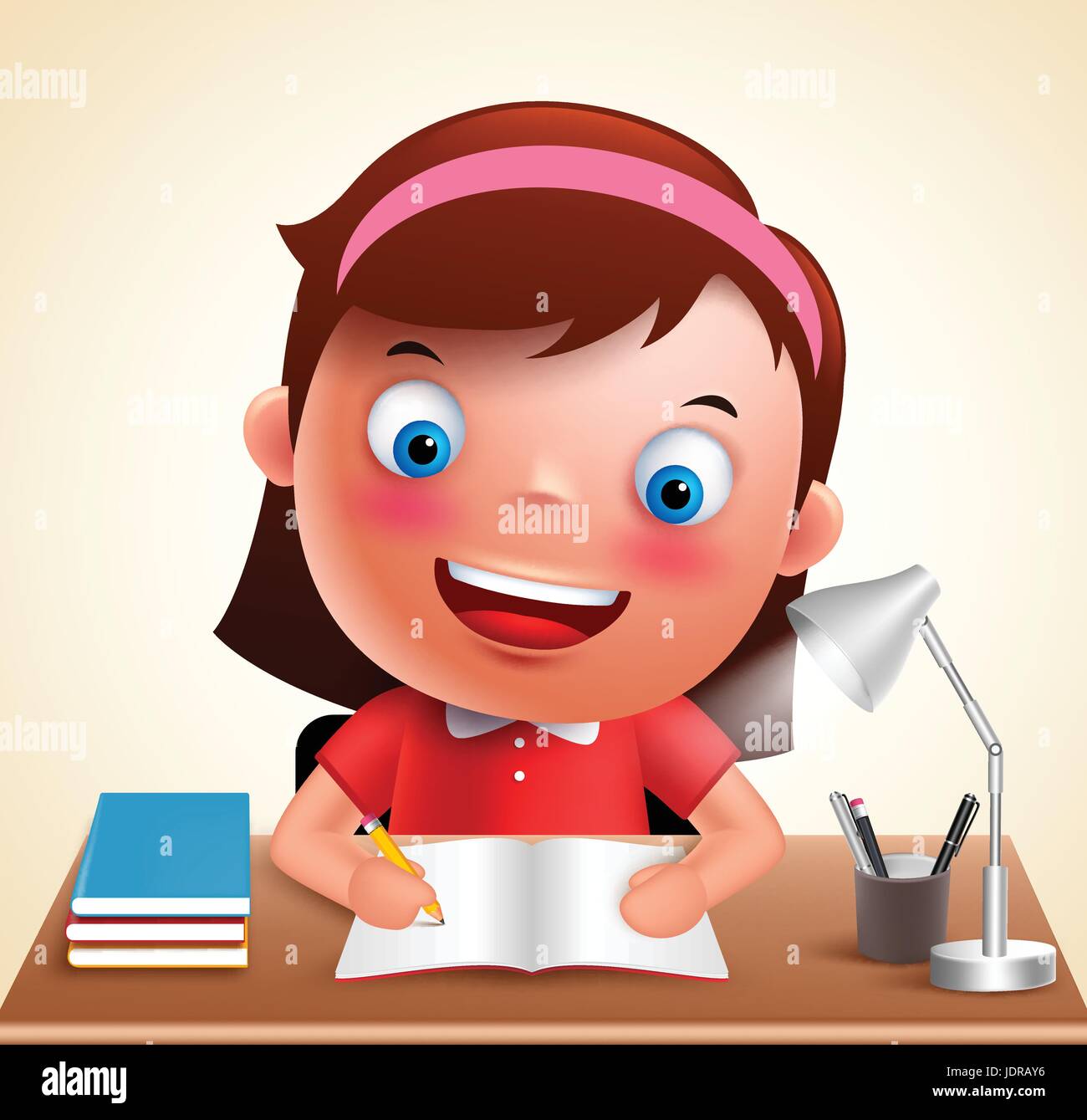Girl kid vector character happy studying in desk doing school homework ...
