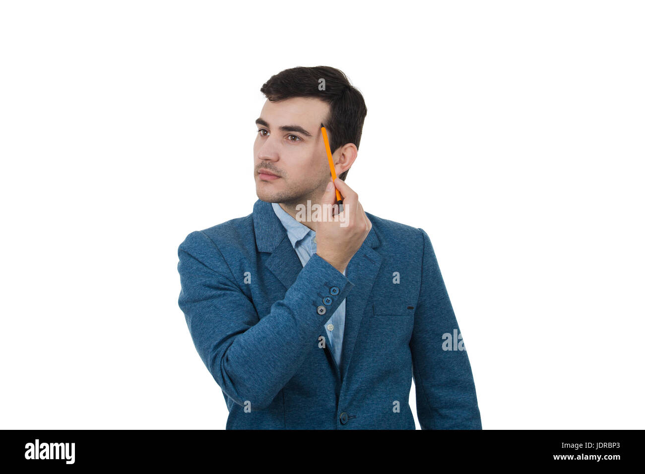 Young businessman man thinking with a pencil pointed to his head. Idea ...