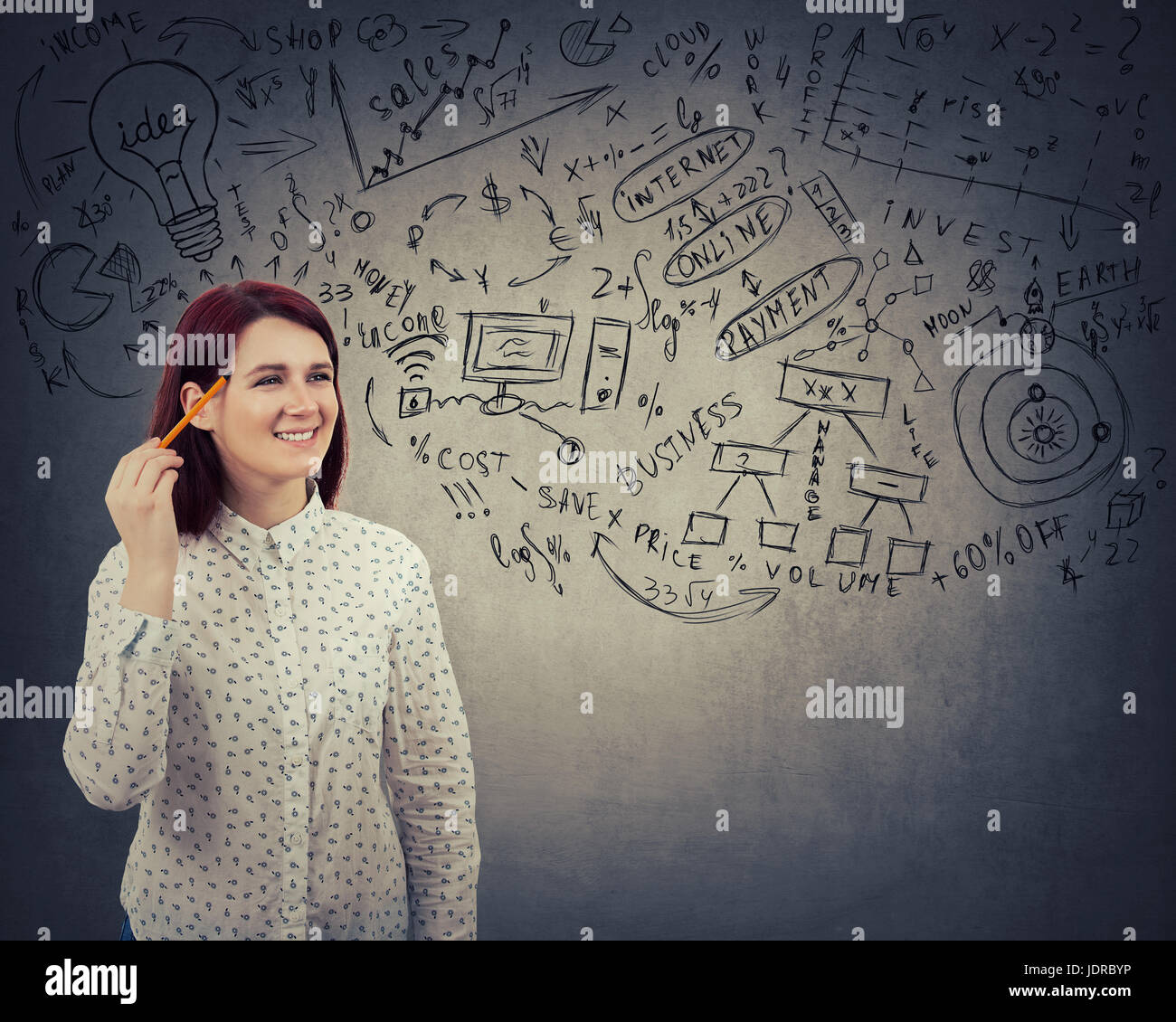 Portrait puzzled young woman student thinking with a pencil pointed to ...