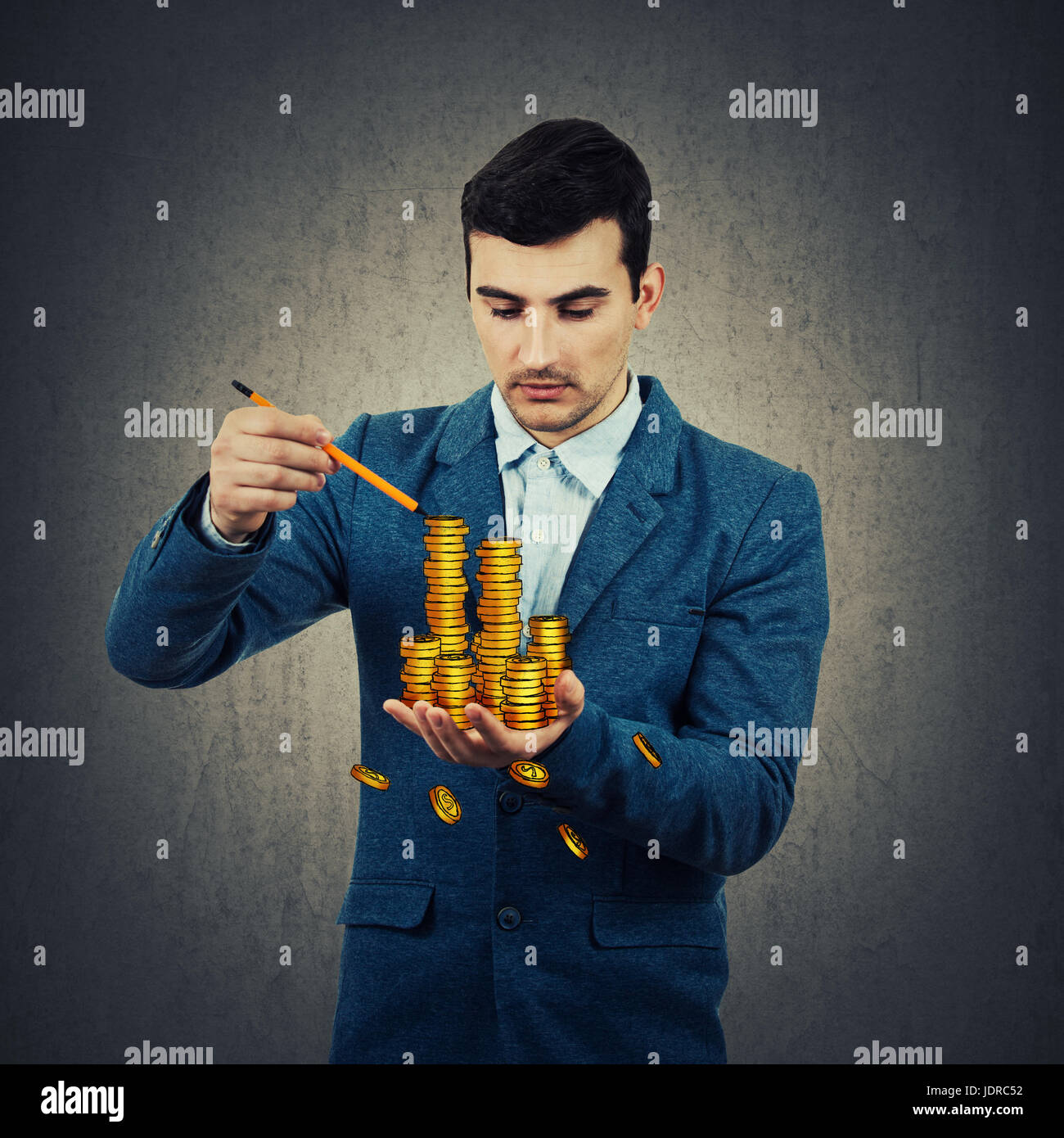 Creative businessman holding a pencil in his hand try to draw an ...