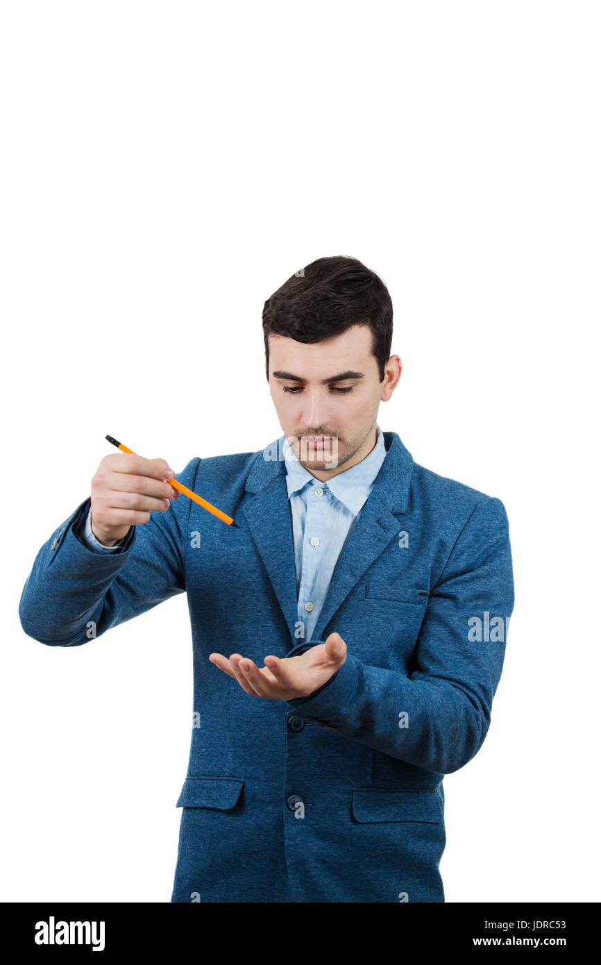 Creative Businessman Trying to develop an idea isolated on white Stock ...