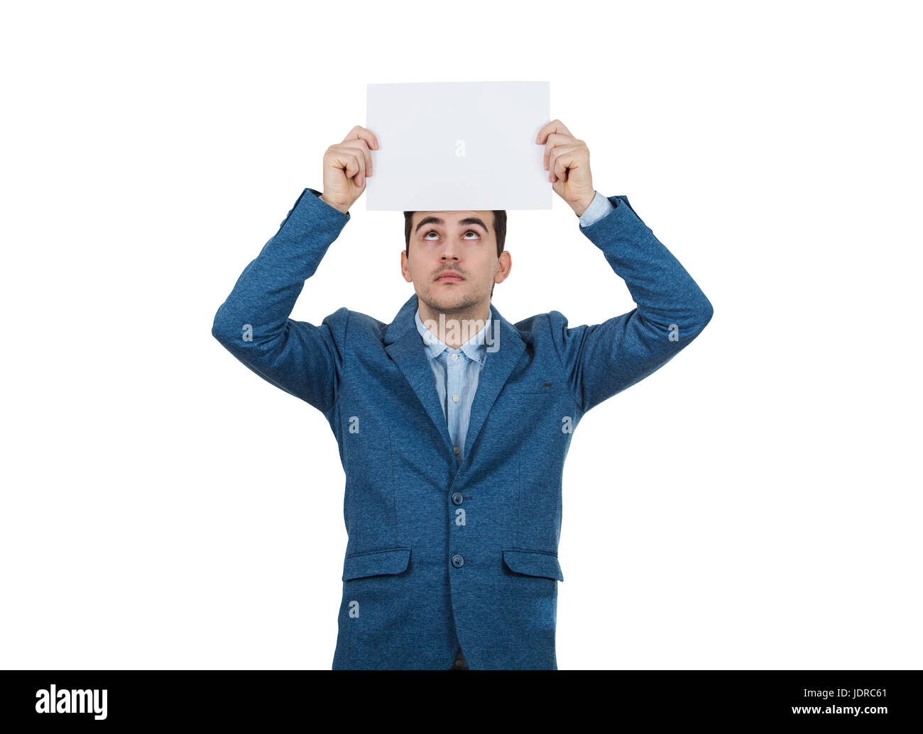 Young Businessman looking up and holding a white paper over head Stock ...