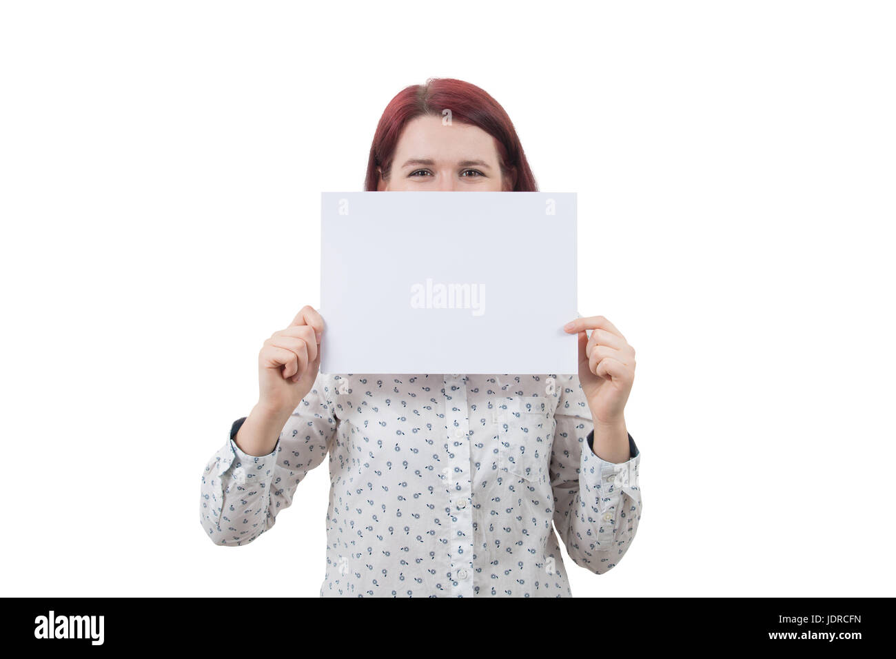 Young Women hiding face after a white paper with a happy emotion ...