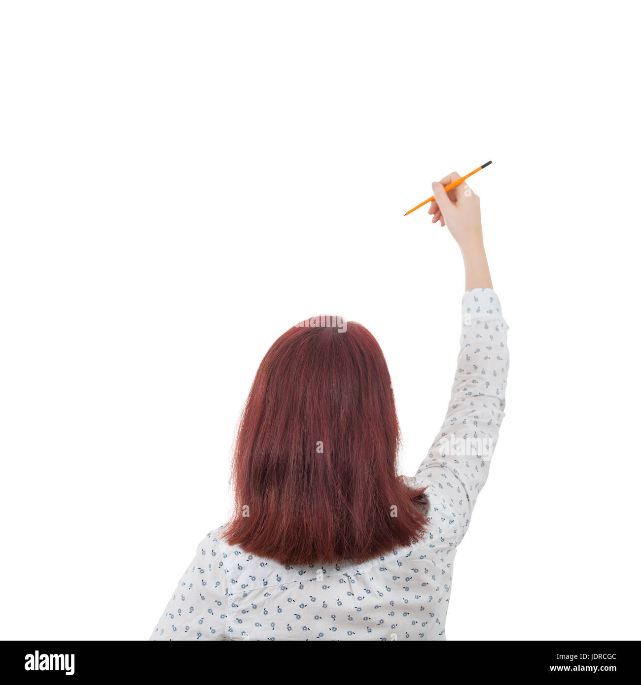 Rear view of a young student woman holding a pencil trying to develop ...