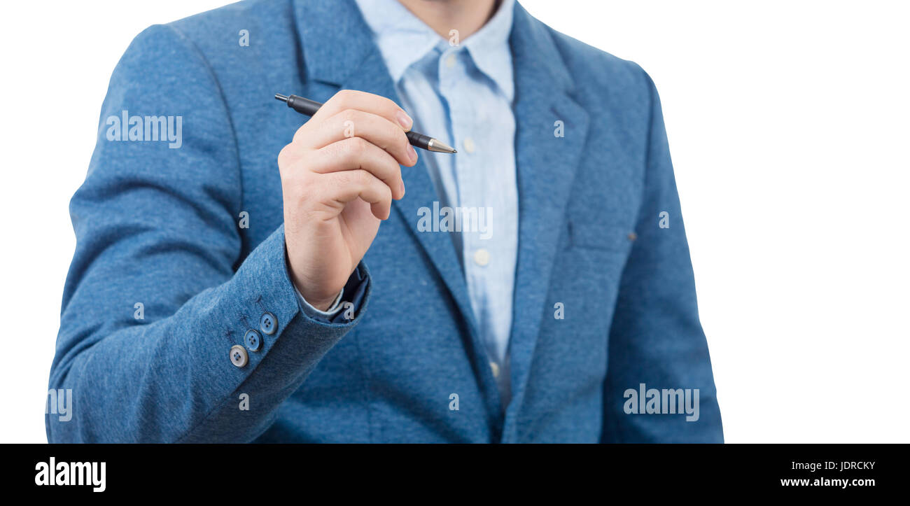 Business man holding a pen on white background.Businessman writing ...