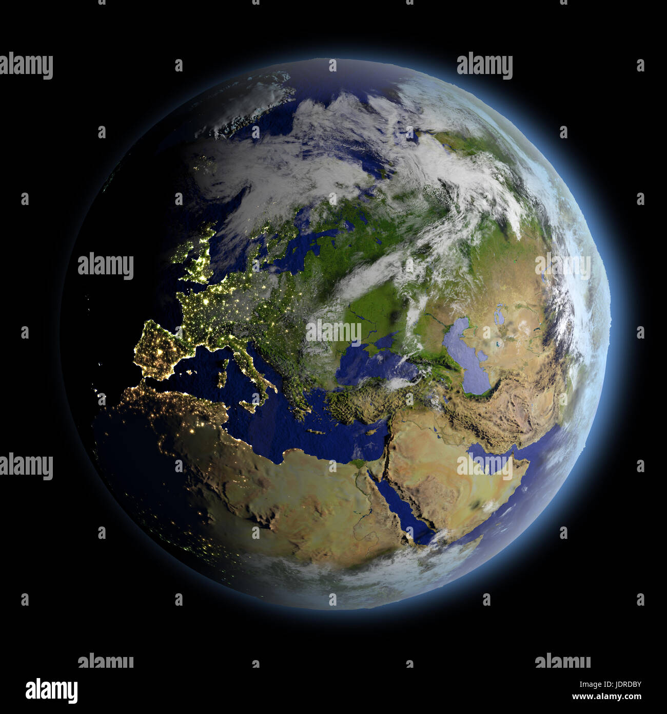 Planet Earth facing Europe illuminated by morning sunlight. 3D ...