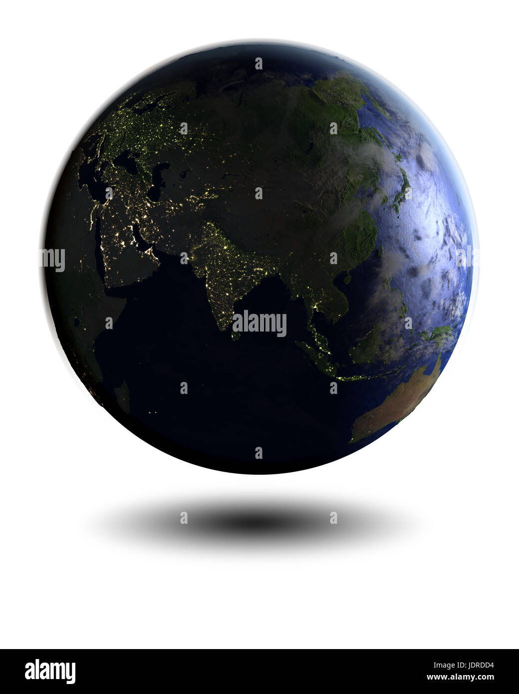 Model of Earth at night facing Asia hovering above white surface. 3D ...