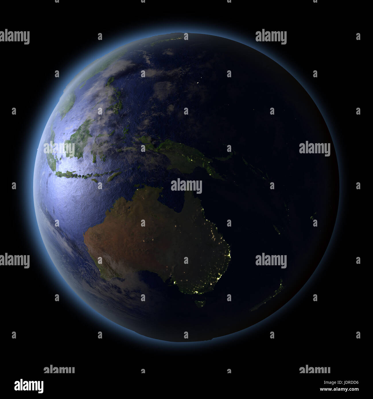 Planet Earth facing Australia at night. 3D illustration with detailed ...