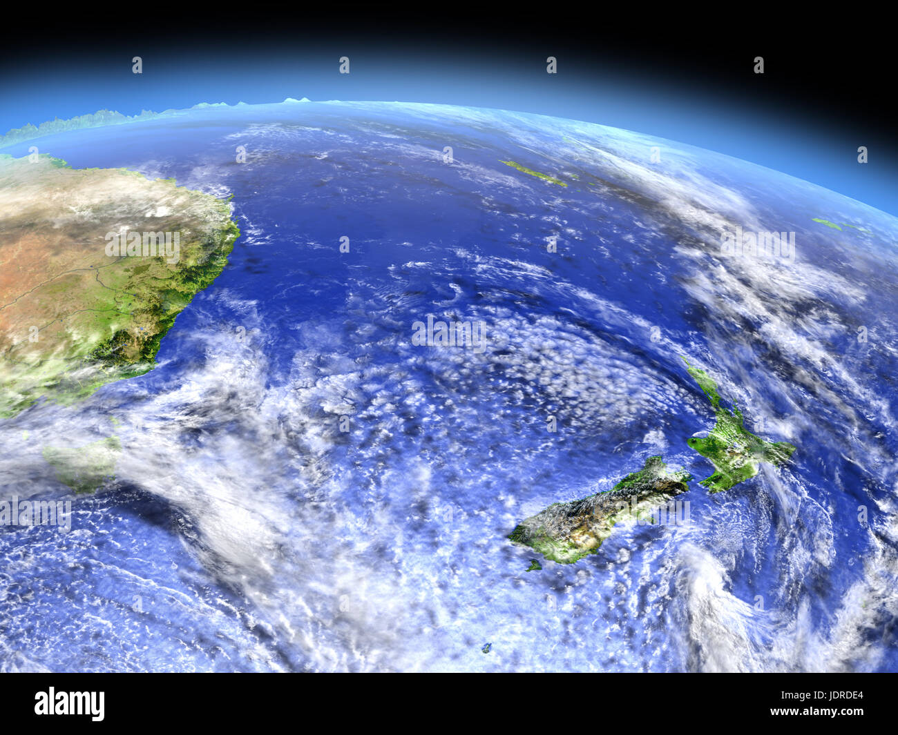 New Zealand as seen from earth's orbit in space on bright day. 3D ...