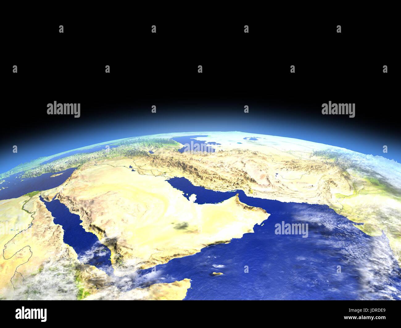 Arab Peninsula as seen from earth's orbit in space on bright day. 3D ...