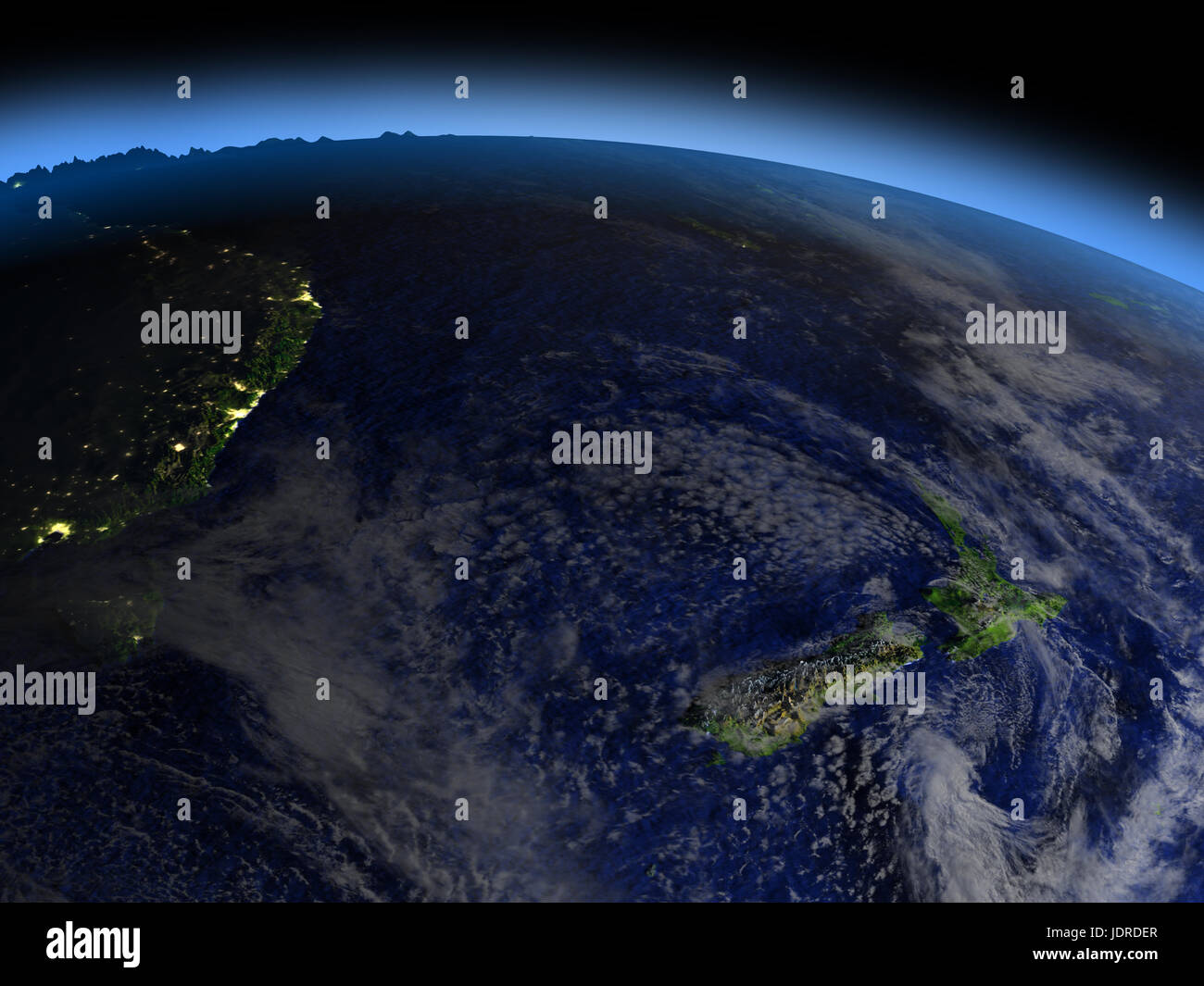 New Zealand as seen from earth's orbit in space in late evening. 3D ...